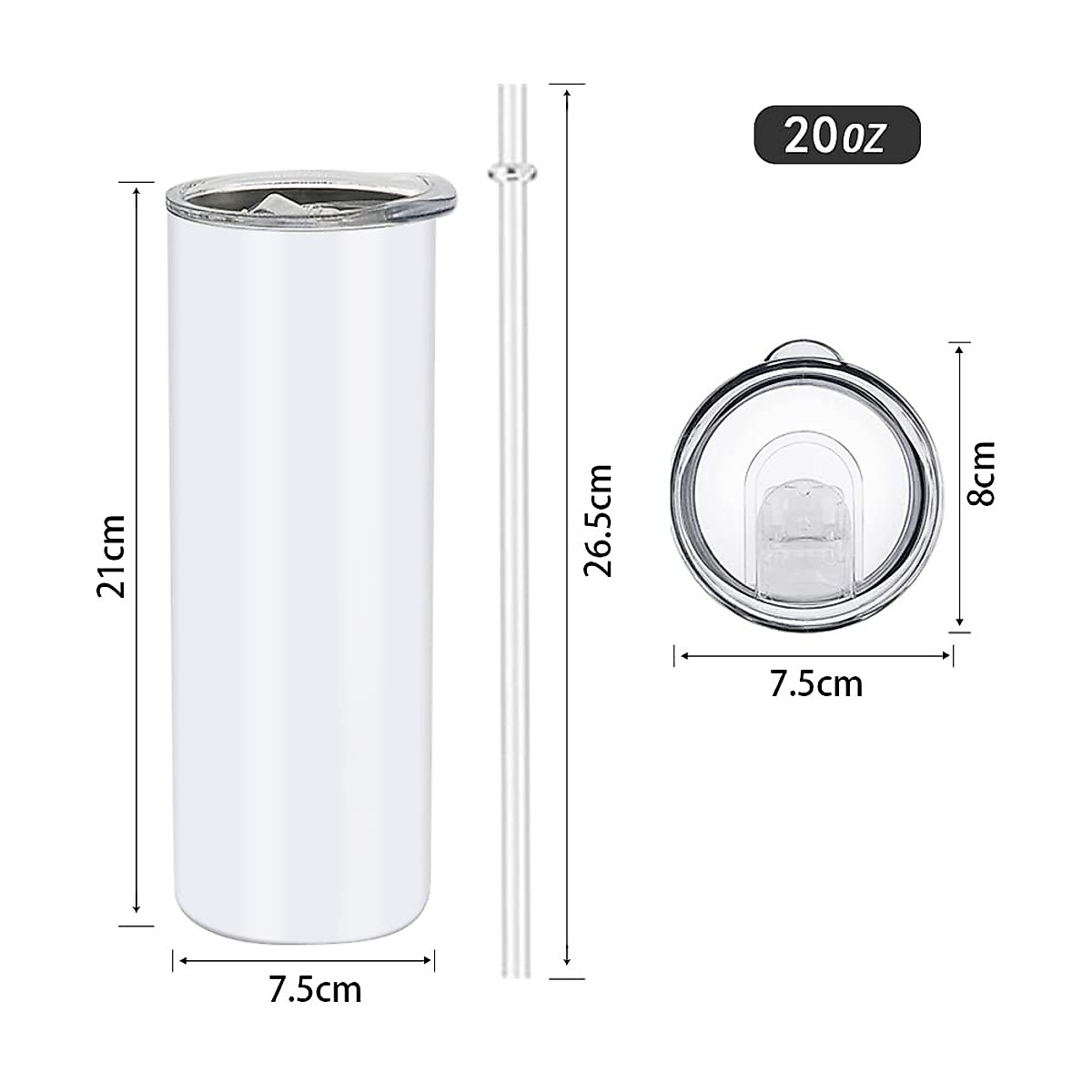 ZREGGUR 25Pack 20 oz Sublimation Blank Tumblers bulk Skinny, Stainless Steel Double Wall Insulated Straight Sublimation Cups with Lid and metal straw, Individually Box, Heat Transfer