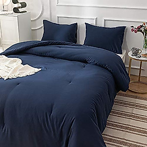 Cottonight Navy Blue Comforter Queen Set Dark Blue Bedding Comforter Set Full Solid Navy Blanket Quilts Men women Boys Cotton Breathable Soft Navy Blue Comforter with 2 Pillowcases