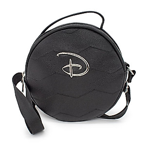 Disney Bag, Cross Body, Round, Signature D Logo, Silver Emblem, Chevron Zig Zag Stitch, Black, Vegan Leather