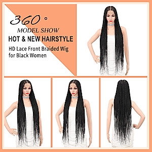 Brinbea 36 inch 13X8" HD Lace Front Braided Wigs Knotless Braided Wigs for Women Box Braid Wig with Baby Hair Human Hair Blended Braided Wigs Long Black