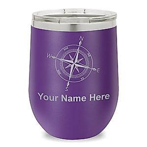LaserGram Double Wall Stainless Steel Wine Glass Tumbler, Compass Rose, Personalized Engraving Included (Dark Purple)