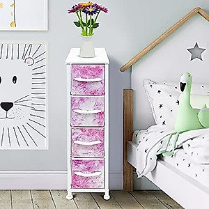 Sorbus Narrow Dresser Tower with 4 Drawers - Vertical Storage for Bedroom, Bathroom, Laundry, Closets, and More, Steel Frame, Wood Top, Easy Pull Fabric Bins (Tie-dye Pink)