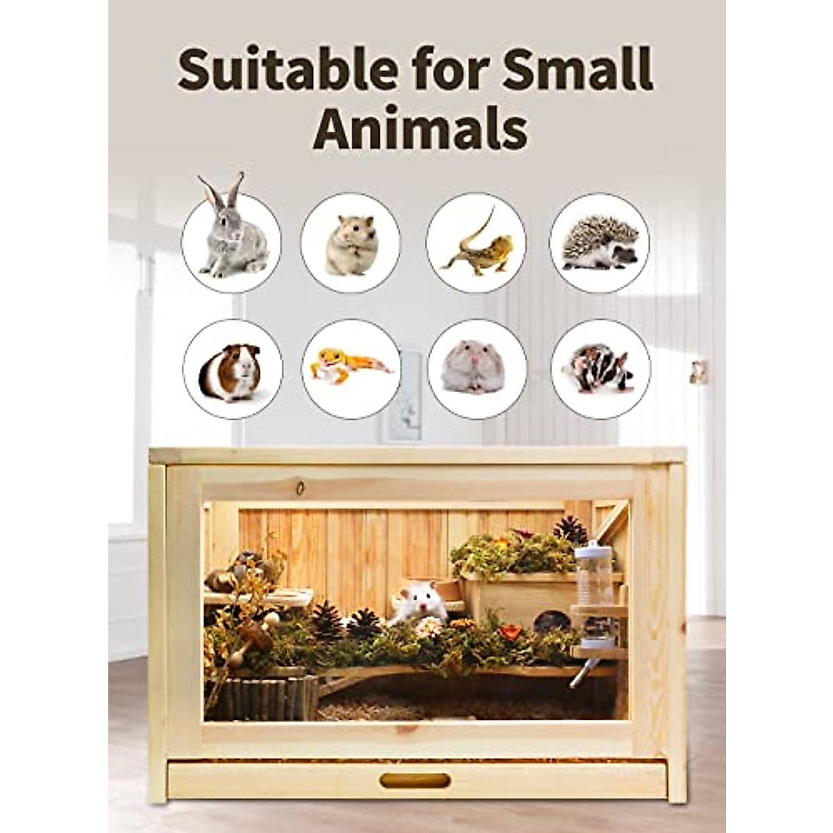 Rubor Hamster Cage Wooden Hamster Cages and Habitats for Dwarf Hamster, Guinea Pig, Chinchilla, 2-Tiers with Shelf and Ladder, Openable Top, Pull-Out Tray, Natural Wood