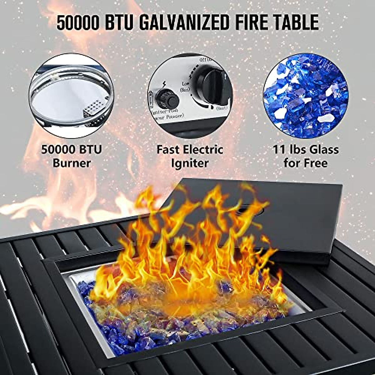 PHI VILLA 28 Inch Gas Fire Pit Table, 50000 BTU Square Outdoor Propane Fire Pit Table with Lid and Blue Fire Glass for Patio, Backyard and Garden, Black