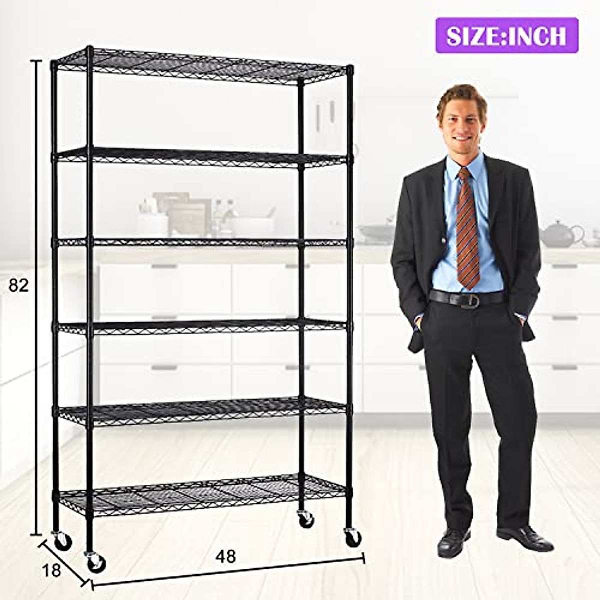 Storage Shelves 6-Tier Wire Shelving Unit Garage Shelving with Wheels 2100LBS Capacity,18" D x 48" W x 78" H Metal Shelves Storage Rack Heavy Duty Shelving for Garage Kitchen Pantry,Black