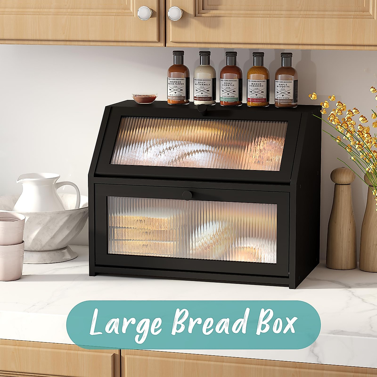 Vriccc Black Bread Box for Kitchen Counter, Large Bamboo Wood Double Layer Bread Box, Wooden Bread Storage Capacity