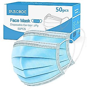 BLScode Disposable Face Protective Masks, 3-Layer Facial Cover Masks with Elastic Ear Loops, Comfortable Universal Design for Adults & Teenager, Suitable for Back to School, Office, Outdoor (Pack of 50)