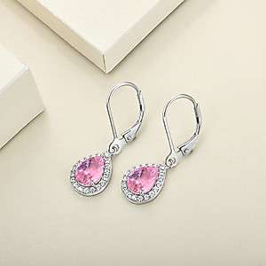 YL Women's Dangle Drop Earrings Sterling Silver Solitaire Leverback Earrings Halo Teardrop Created Pink Tourmaline Jewelry Gifts