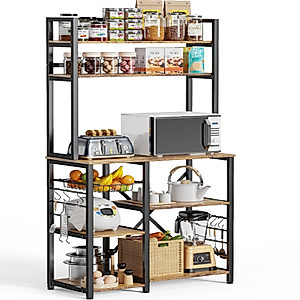 Gizoon Home Kitchen Baker's Rack with Spacious Storage, 5 Tier Versatile Microwave Stand Shelf with Basket & Side Hooks,Free Standing, Sturdy, Durable-Retro