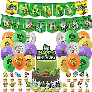 ADILAIDUN 43Pieces Plants Play Game Zombies Party Supplies,Including PVZ Happy Birthday Banner,PVZ Cake Topper,PVZ Latex Balloons for Kids Boys Game Players Party Decoration