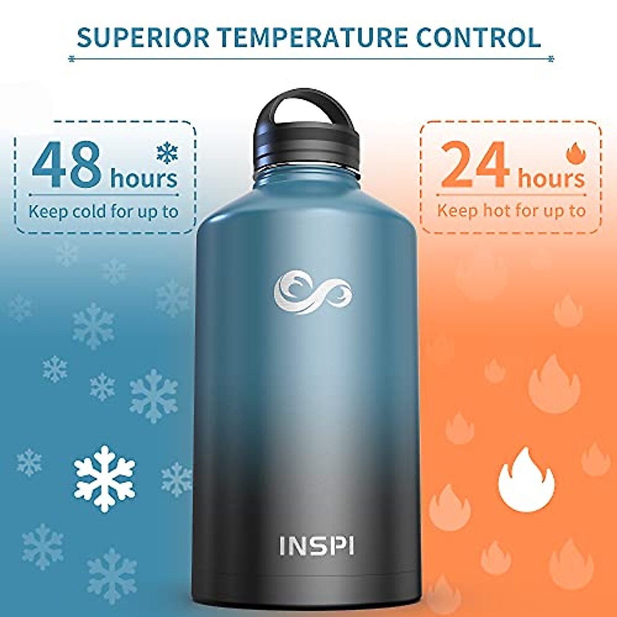 Water Bottle Insulated, INSPI Gallon Water Bottle with Straw&3 Lids, Large Wide Mouth Triple Wall Vacuum Stainless Steel Metal Hydro Jug, Keep Cold for 48Hrs and Hot for 24Hrs, (Indigo/Black, 128oz)