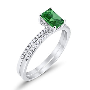 Blue Apple Co. Art Deco Two Piece Wedding Engagement Bridal Set Radiant Simulated Green Emerald CZ 925 Sterling Silver Size-8