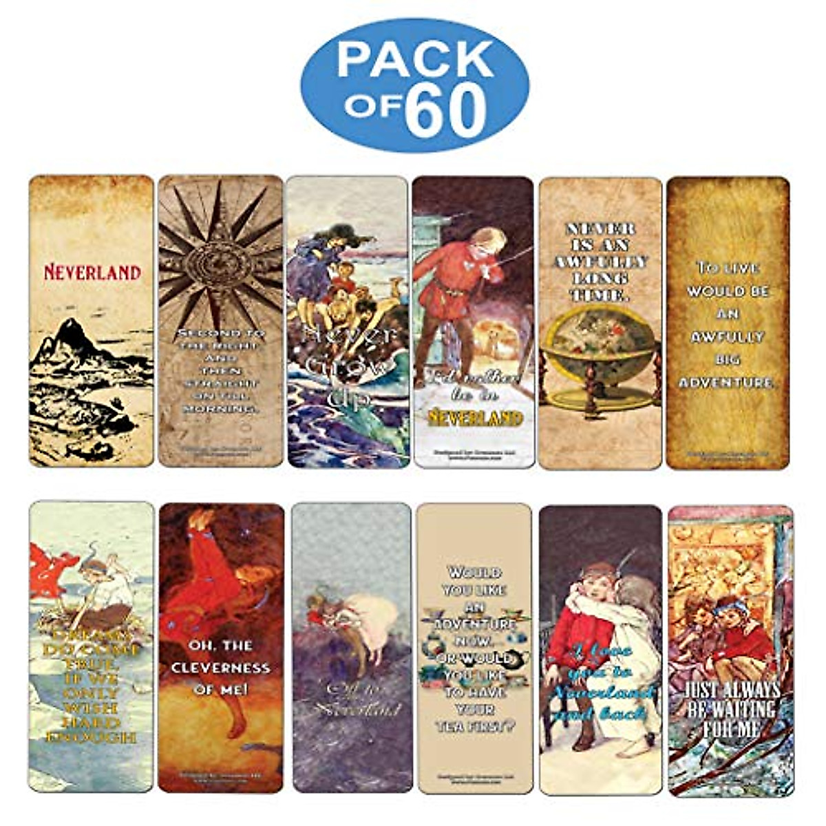 Creanoso Peter Pan Quotes Bookmarks (60-Pack) – Inspirational Premium Gift Bookmarker Card Collection for Bookworms, Bibliophiles, Men & Women, Adults – Cool Art Impressions Page Clipper
