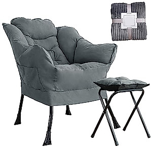 HIGOGOGO Modern Fabric Living Room Chair with Folding Footrest Stool, Sofa Chair with Portable Ottoman, Recliner Chair Steel Frame Leisure Bedroom Chair and Anti-Slip Footstool，Light Grey