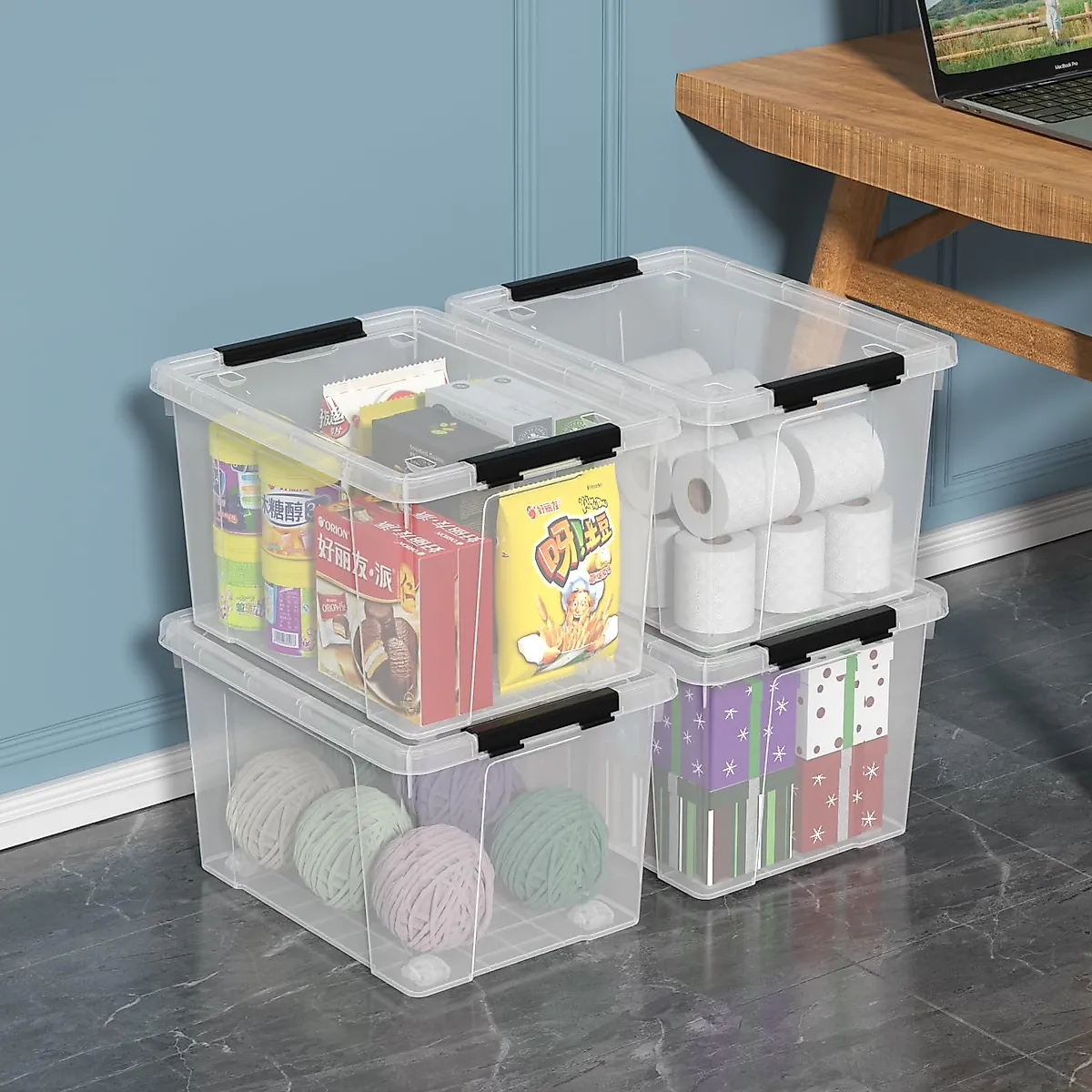 Yesdate 4 Pack 22 Quart Latch Box, Clear Home Organization Containers Bin with Lid, Buckle Up Storage Box Set