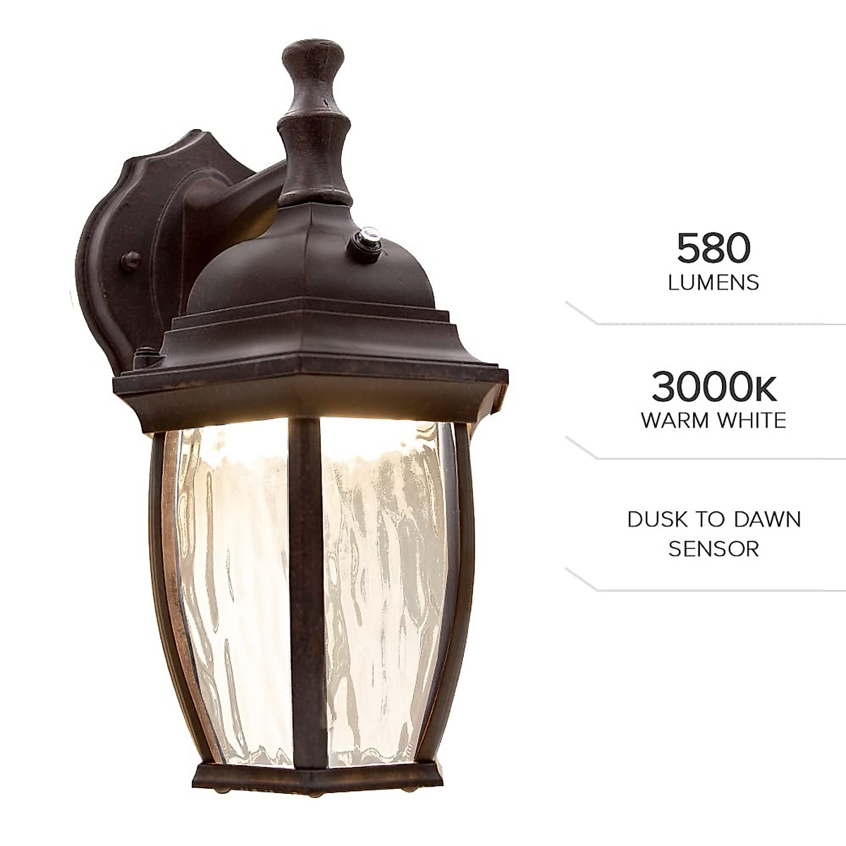 Maxxima LED Outdoor Wall Light - Features Clear Water Glass, 3000K Warm White, 580 Lumens, Dusk to Dawn Photocell Light Sensor, Patio or Porch Sconce Fixture, Ideal for Exterior Decor Lighting - Brown