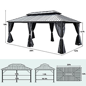 YITAHOME 12x20ft Hardtop Gazebo with Nettings and Curtains, Heavy Duty Double Roof Galvanized Steel Outdoor Combined of Vertical Stripes Roof for Patio, Backyard, Deck, Lawns, Gray