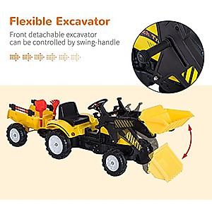 Aosom Kids Ride-On Excavator, Pedal car Bulldozer Move Forward/Back with Real Working Dirt Bucket, 6 Wheels, & Cargo Trailer