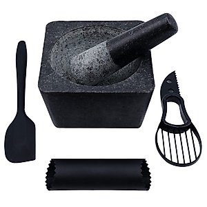 Large Mortar and Pestle Set with Garlic Peeler, Avocado Slicer and Spatula – Authentic Granite Stone Mexican Molcajetes Mortar and Pestle – Ideal for Grinding Spices and Herbs - Grinder - Crusher