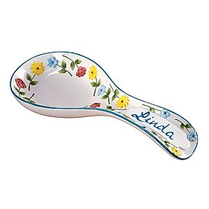Personalized Dolomite Floral Spoon Rest, 8” Long by 3 1/4” Wide, Customizable Cooking Utensil Rest for Stovetop or Kitchen Counter, Housewarming Gift