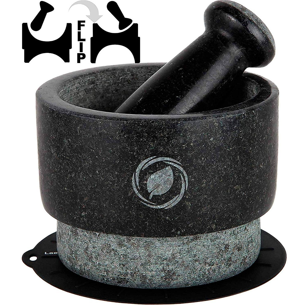 Laevo Mortar and Pestle Large Set - Black Granite Stone Spice Grinder, 2.1 Cup Capacity, 5.5" - Reversible Molcajete Mexicano - Guacamole, Pesto, Spices - Large Mortar & Pestles, Mortar and Pestle Set