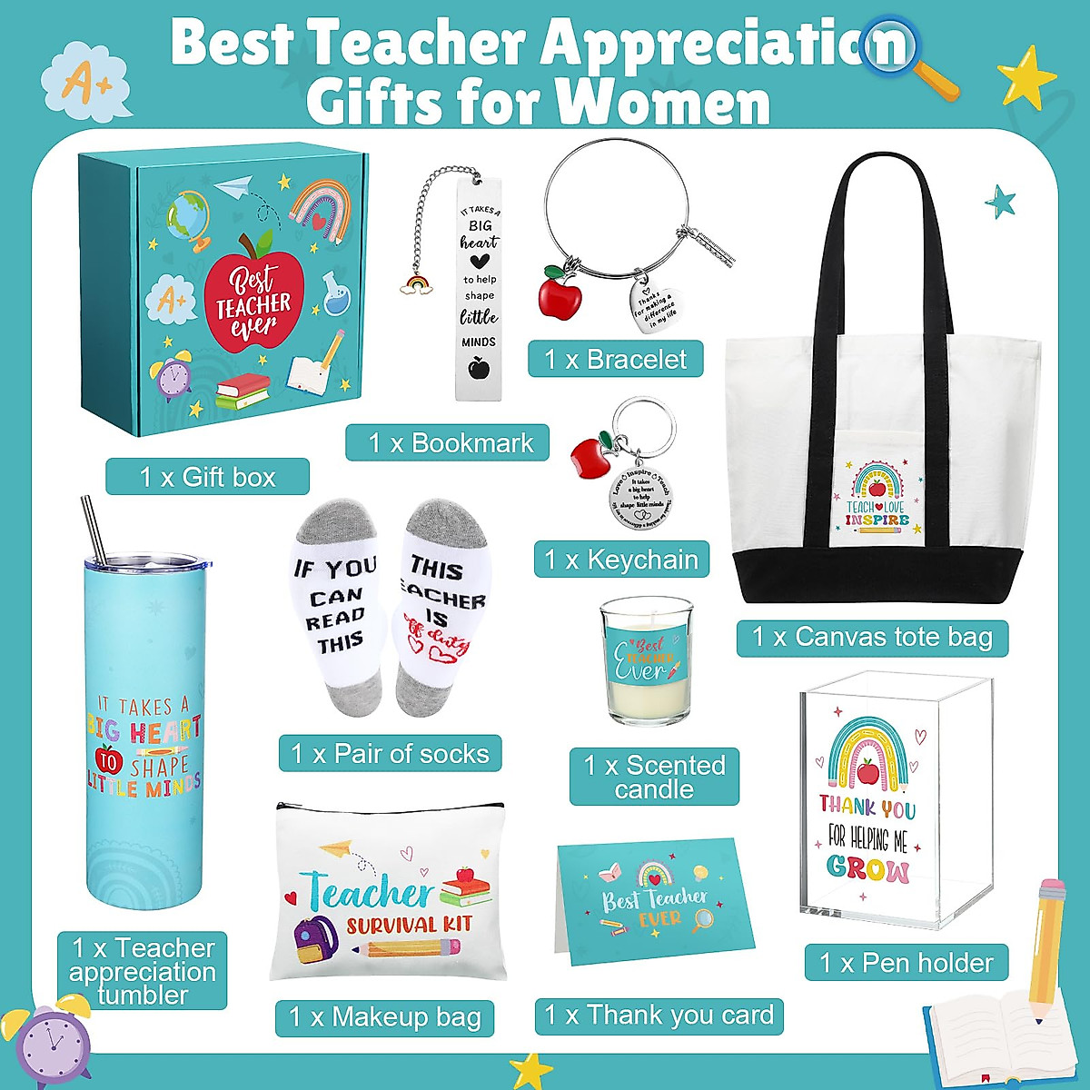 FoldTier Teacher Appreciation Gifts Thank You Best Teacher Gift for Women Canvas Tote Bag 20 oz Tumbler Scented Candle Thank You Appreciation Week Themed Retirement Basket Ideas(Blue,Novel)