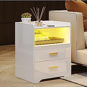 HNEBC Night Stand with Charging Station,LED Nightstand with Body Sensor Function, Smart Nightstand has RGB Lights Mode,Bedside Table with Drawers,Side Table for Bedroom/Living Room (White)