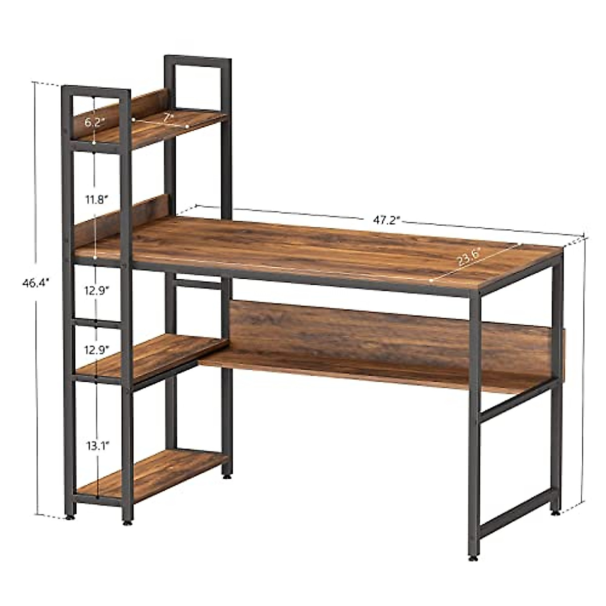 Cubiker Computer Desk 47 inch with Storage Shelves, Home Office Desk, Study Writing Work Table, Modern Simple Style, Deep Brown