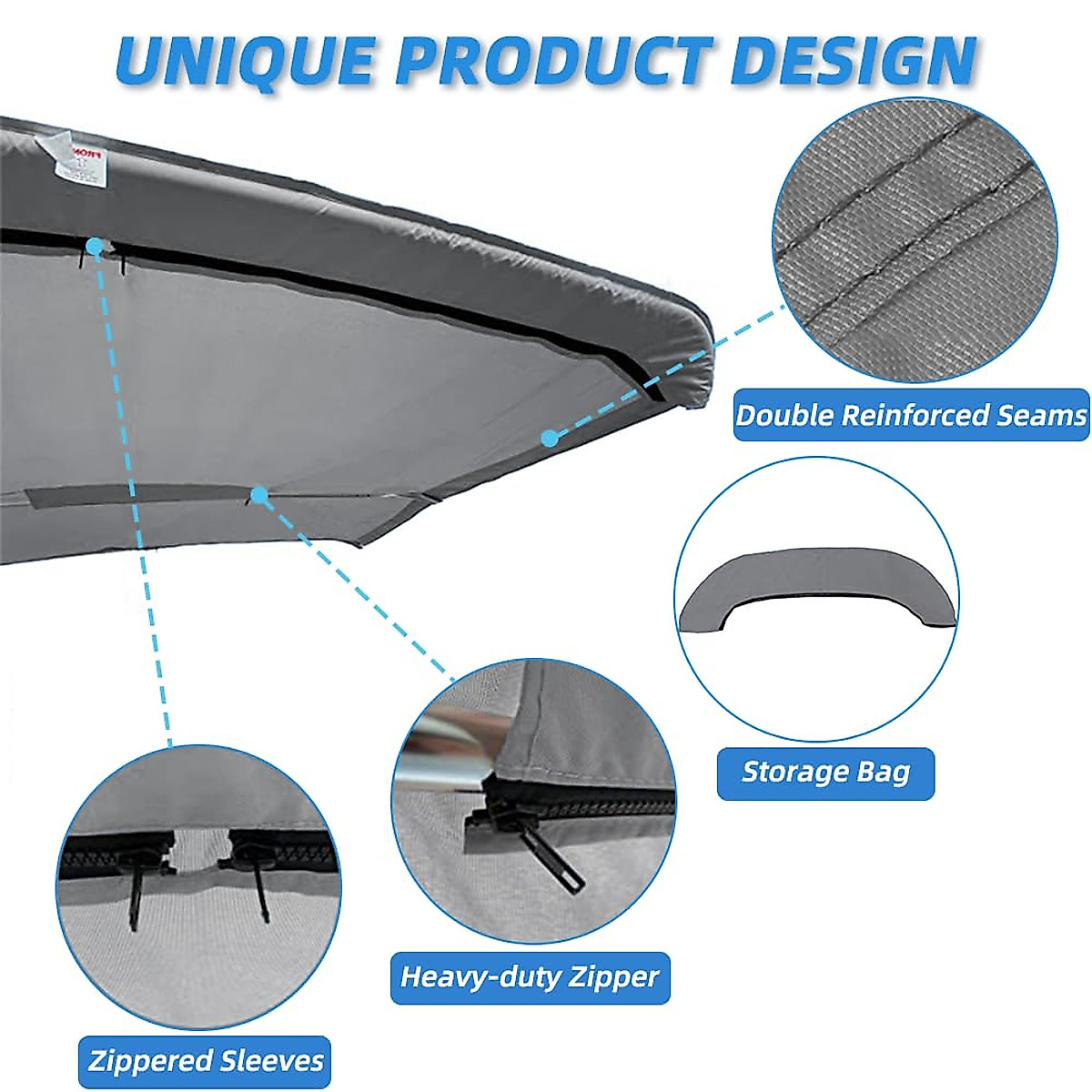 4 Bow Marine Grade Fade and Crack Resistant Bimini Top Replacement Cover, Heavy-Duty Waterproof and UV-proof Sun Shade Boat Canopy, Easy Install Zipper Sleeve Boat Awning/Without Frame, Grey