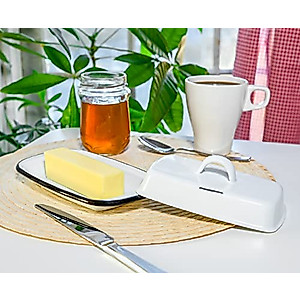 Red Co. 7.75” x 4.5” Enamelware Metal Cheese Server & Butter Dish Holder with Dome Lid, Distressed White/Black Rim