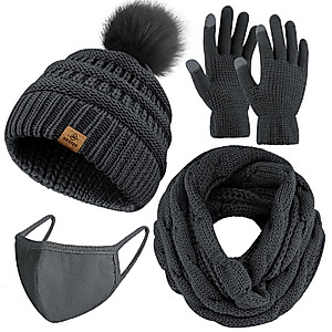 URATOT Winter Warm Knitted Sets Beanie Pompom Hat Scarves Winter Touchscreen Gloves Scarf Set for Men Women