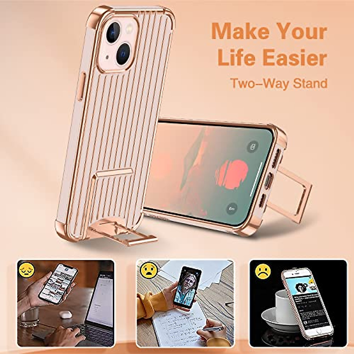 PTUONIU Kickstand Case Compatible with iPhone 13 Case, [2 Ways Stand] Slim Soft Anti-Scratch Full-Body Shockproof Protective Case for iPhone 13 Phone Case - Rose Gold