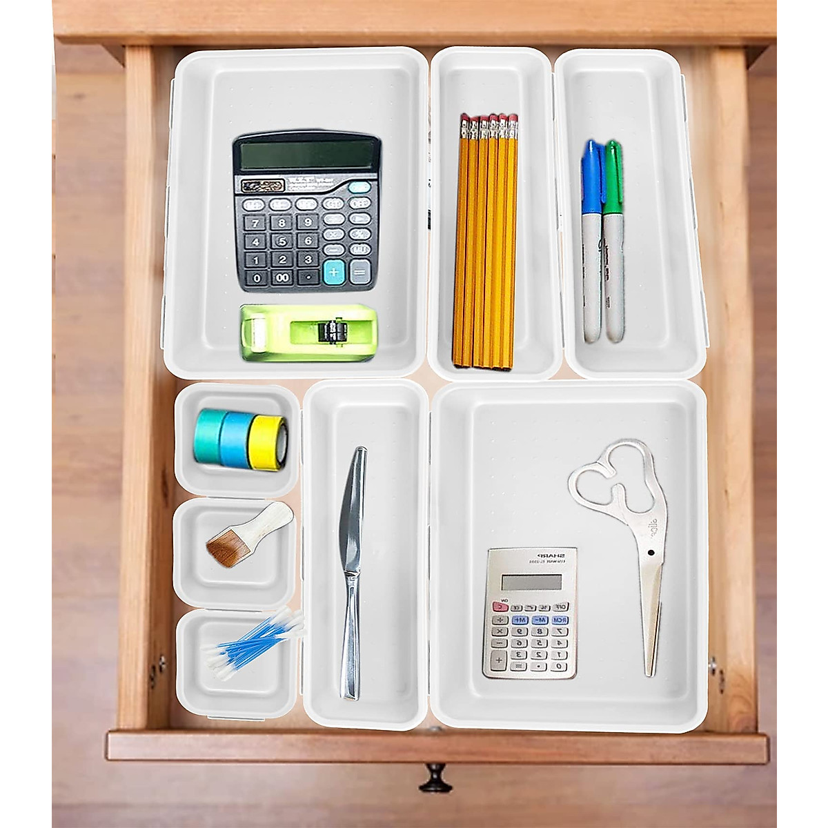 HOME-X Connecting Organizer Trays, Set of Interlocking Adjustable Trays for Organizing Office Supplies and Kitchen Utensil Drawers, Set of 8, 3 Sizes, White