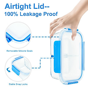 DASAAN 10 Piece Glass Food Storage Containers with 2 compartment and Airtight Lid, Glass Meal Prep Containers, Easy Stack Containers, Freezer to Oven, Microwave and Dishwasher safe