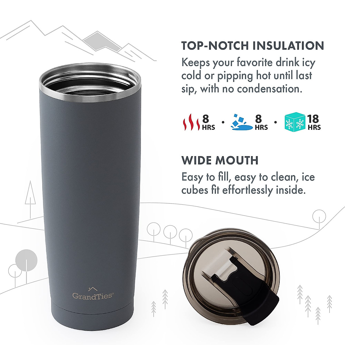 GRANDTIES Insulated Coffee Tumbler Cup w/Tritan Lid | Leak Proof, Reusable, Double Walled Vacuum Stainless Steel Water Bottle Travel Mug | Thermal Cups for Hot and Cold Drinks | 20oz | Stone Gray