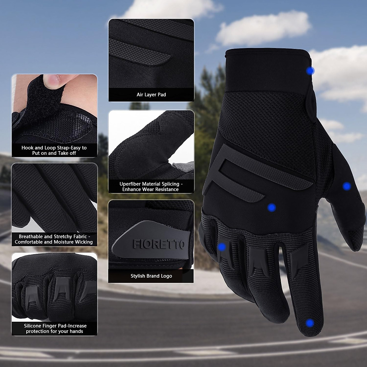 FIORETTO Mens Mountain Bike Gloves with 5MM Padded Knuckle Guard Touchscreen Cycling Gloves for MTB Racing Dirtbike Motocross Motorcycle Black Large