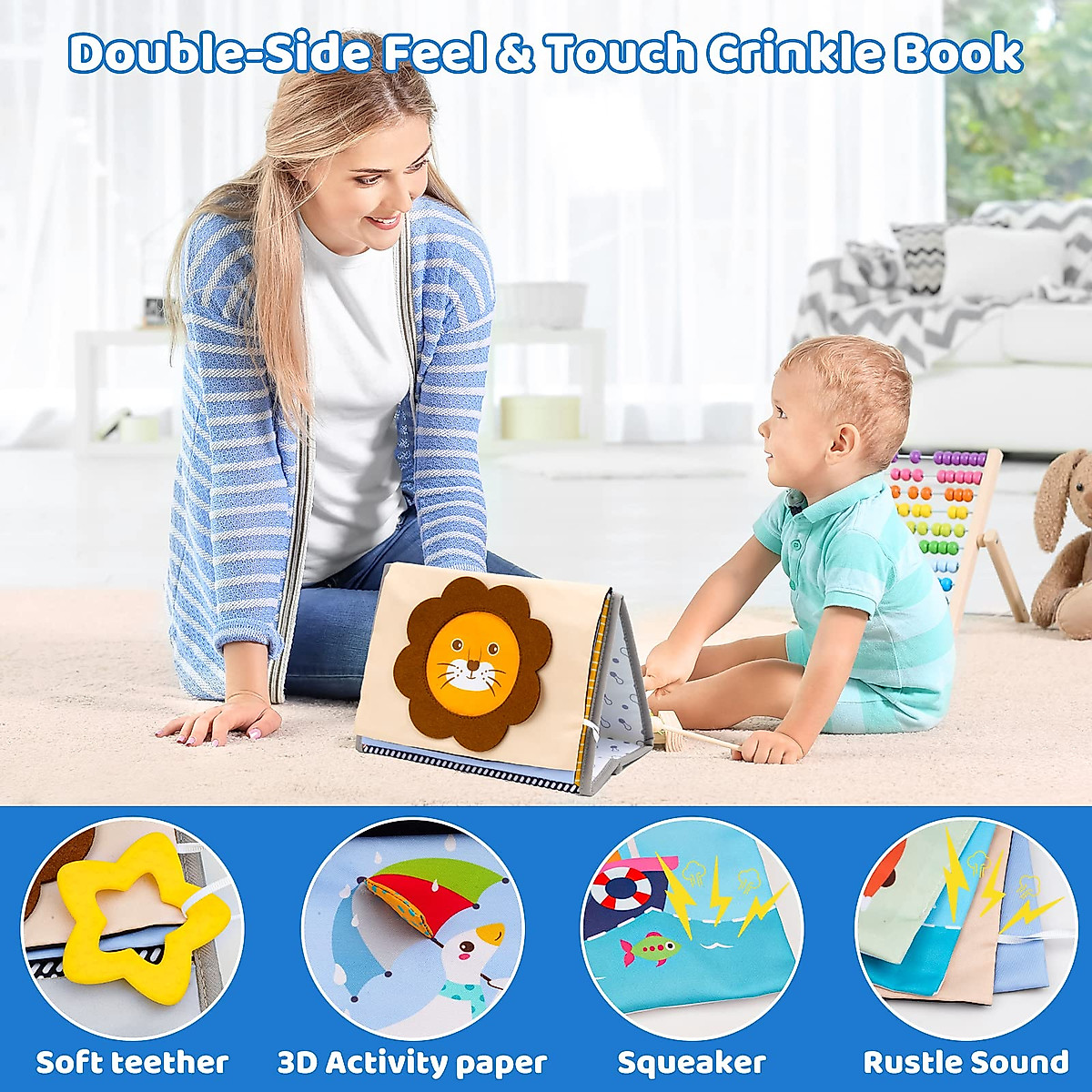 AUKZON Tummy Time Mirror Toys, Baby Toys 0 3 6 9 Months with Crinkle Book, Teethers, Black and White High Contrast Infant Toys, Montessori Sensory Toys Brain Development for Newborn