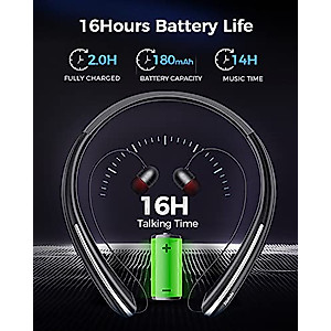 Bluetooth Headphones, Bluetooth 5.0 Wireless Neckband Headphones with Retractable Earbuds,Noise Cancelling Stereo Headphones Waterproof Sport Headset Call Vibrate Alert Earphones with Mic (Black)