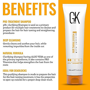 GK HAIR Global Keratin pH+ Pre-Treatment Clarifying Shampoo (3.4 Fl Oz/100ml) For Preps Hair Deep Cleansing,Removes Impurities -With Aloe Vera, Vitamins & Natural Oils All Hair Types Men and Women
