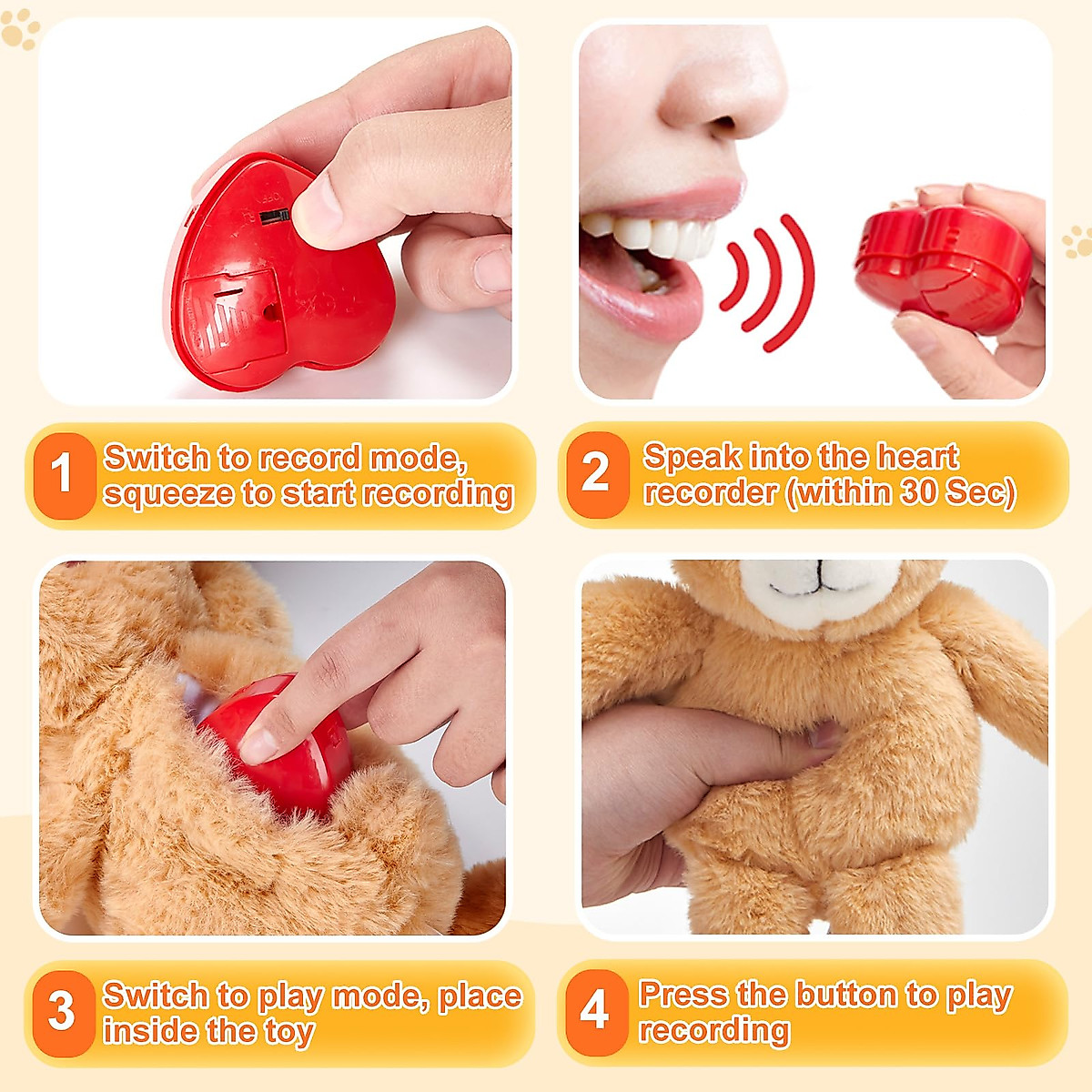 CozyWorld 12" Heartbeat Recordable Teddy Bear,Voice Recorder Plush Toy Stuffed Animal Soft Fuzzy Doll Gifts Messages Recording Playback for Kids Birthday Children's Day