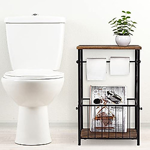 MyGift Freestanding Rustic Burnt Wood Toilet Paper Stand with Display Shelf and Matte Black Metal Scrollwork Magazine Basket, Holds up to 2 Toilet Paper Rolls