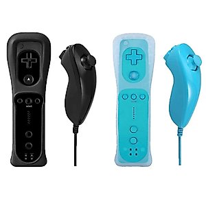 Poulep Gesture Controller and Nunchuck Joystick with Silicone Case for Wii Wii U Console (black + light blue)