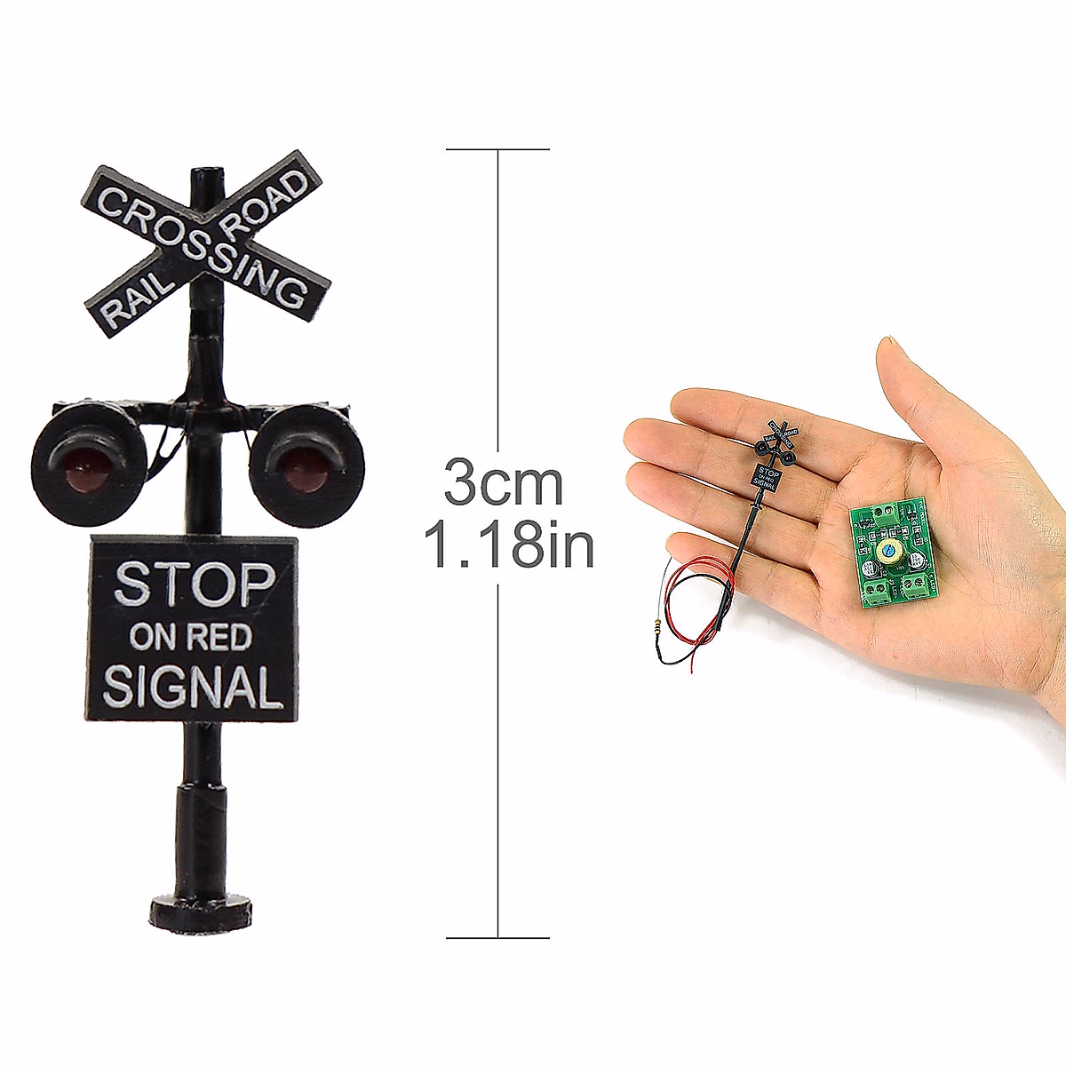 JTD1507RP 1 Set N Scale Railroad Train/Track Crossing Sign 2 Heads LED Made + Circuit Board Flasher-Flashing Red Train Stop on red Signal Lights Decoration and Party