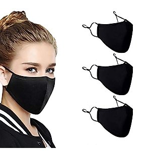 NEWMARK 3 Pack 3-ply Reusable Cloth Face Mask Unisex Face Covering with Filter Pocket, Black/White Dustproof Cotton Mask Washable Safety Mask - Made in USA (Black)