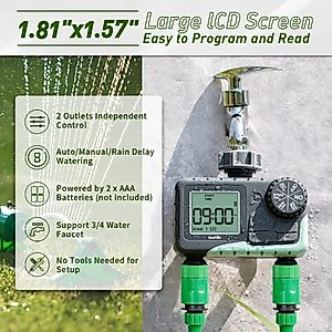 RAINPOINT Sprinkler Timer, Dual Water Timer for Garden Hose Faucet, Fully Programmable with Rain Delay/Manual/Automatic Watering Functions, Outdoor Irrigation Timer Controller for Lawn, Yard, 2 Zones