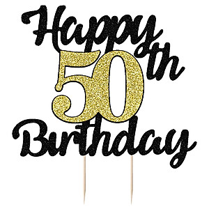 LVEUD happy birthday cake topper Black Font Golden Numbers 50th birthday happy Cake Topper -Birthday Party Decorations (50th)