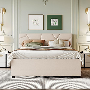 DNYN Queen Size Upholstered Platform Bed with Trundle（Twin XL） for Kids,Teen,Adult Bedroom,Solid Wood Bedframe Linen Fabric Home Furniute w/Brick Pattern Heardboard,No Box Spring Needed, Beige