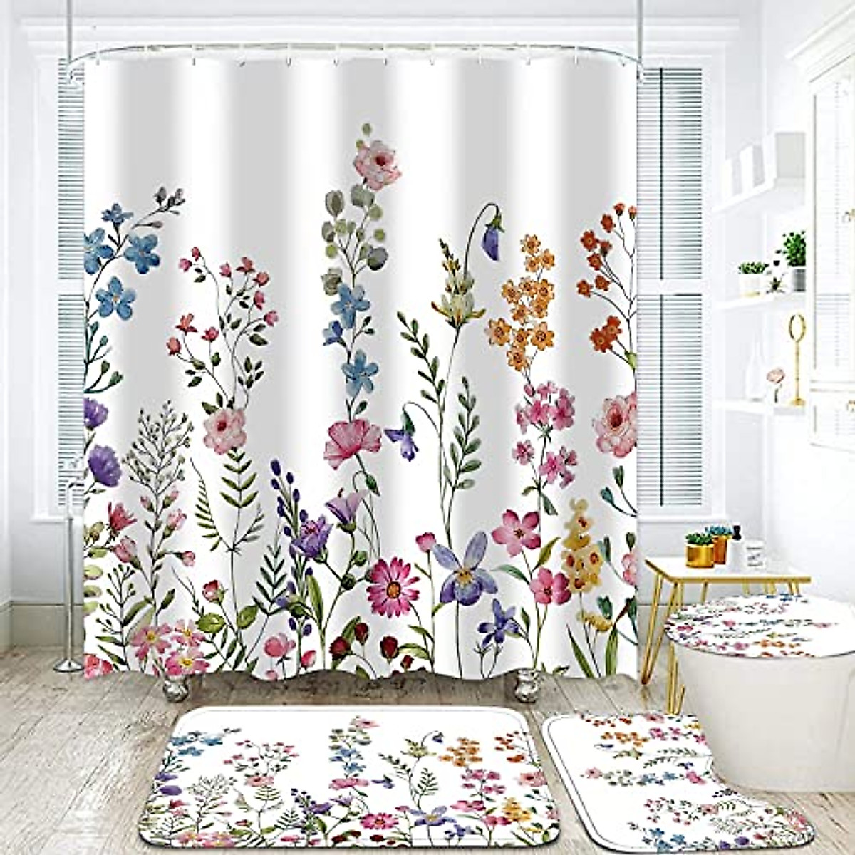 DDQQ 4Pcs Flower Shower Curtain Set with Non-Slip Rugs, Toilet Lid Cover and Bath Mat, Colorful Floral Shower Curtain with 12 Hooks, Waterproof Watercolor Boho Bath Curtain for Bathroom Decor