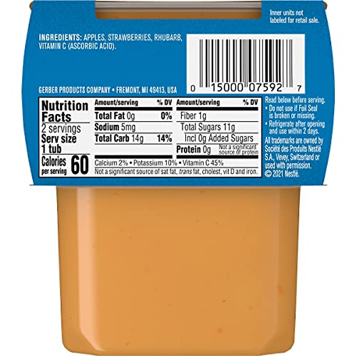 Gerber Natural for Baby 2nd Foods Baby Food Tubs, Apple Strawberry Rhubarb, Pureed Baby Food, Made with Natural Fruit & Vitamin C, 2 - 4 OZ Tubs/Pack (Pack of 4)