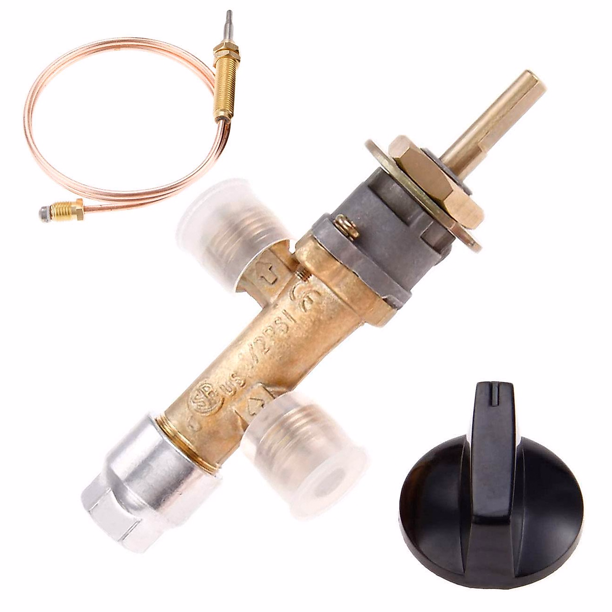 T6 Low Pressure LPG Propane Gas Fireplace Fire Pit Flame Failure Safety Control Valve Kit with Thermocouple & Knob Switch 3/8" Flare Inlet & Outlet Replacement Part for Gas Grill Heater Fire Pit